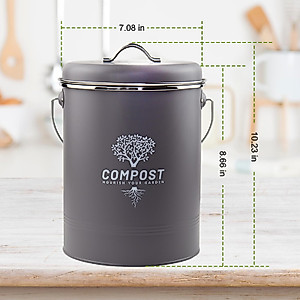 Holismo Kitchen Countertop Compost Bin, Odor Resistant Indoor Compost Bin with Lid and Charcoal Filter, Rust Resistant Coated Compost Bucket, Compost Container, Gray
