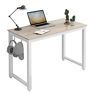 JSB Small Computer Office Desk 39" with Freely Move Monitor Stand and 4 Hooks, Study Writing Table PC Home Office Desk - Natural & White