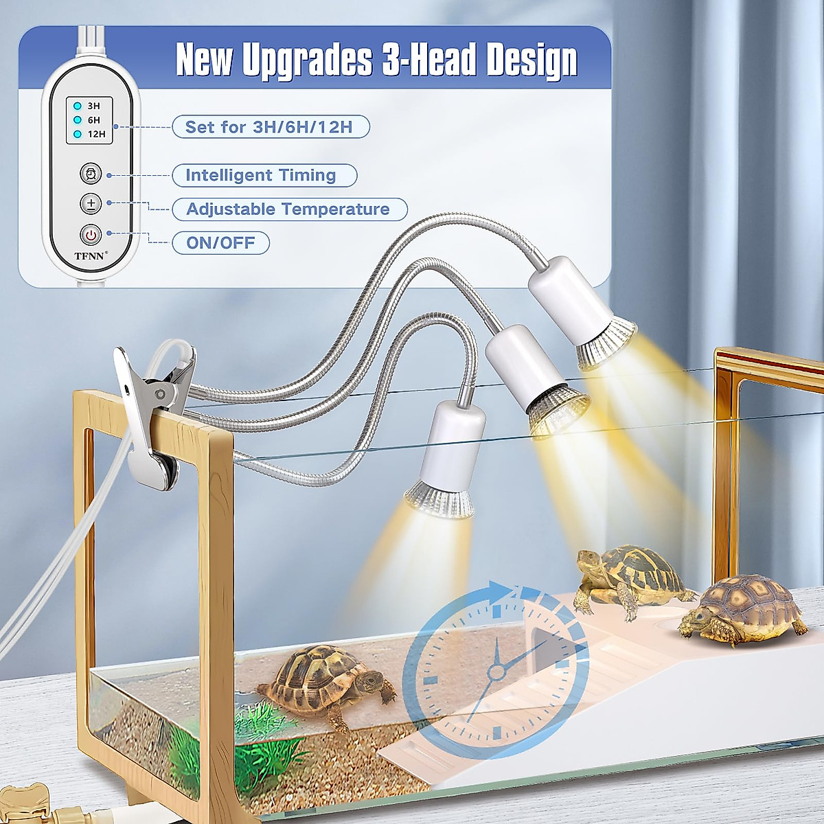 TFNN 2023 Upgrade Reptile Heat Lamp, Three Head Reptile Light with Cycle Timer,UVA UVB light, dimmable Basking lamp for Tortoise, Bearded Dragon, Lizard, Snake, E26/27 Base with 4 Bulbs (50W)-White
