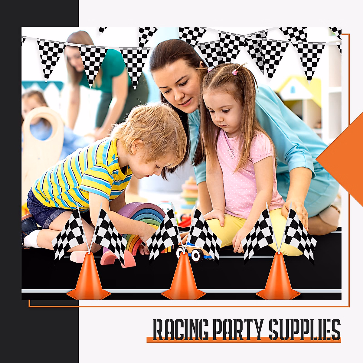 Remagr 22 Pcs Race Car Birthday Party Supplies Include Racetrack Floor Running Mat Checkered Racing Pennant Banner Black and White Flags on Sticks, Mini Orange Sports Safety Cones for Racing Party
