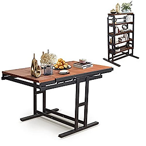 Organizedlife 55'' Convertible 2 in 1 Shelf to Table,Bookshelf Desk & Dining Table with Solid Mahogany Top with Steel Legs Metal for Small Spaces