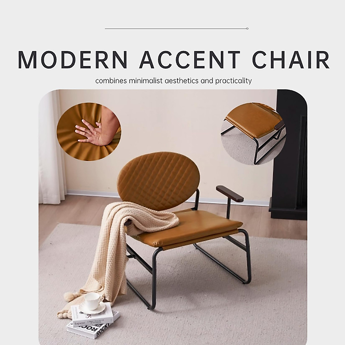 Finca ancha Saucer Accent Chair Office Reception Chair Upholstered Faux Leather Armchair Butacas para Sala Modernas with Metal Frame for Bedroom,Office (Brown+Leather)