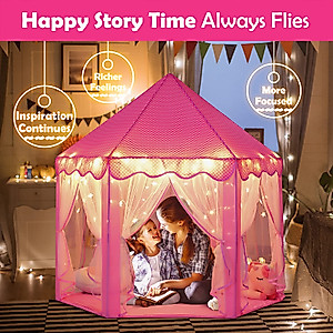 wilwolfer Princess Castle Play Tent for Girls Large Kids Play Tents Hexagon Playhouse with Star Lights Toys for Children Indoor Games (Pink)