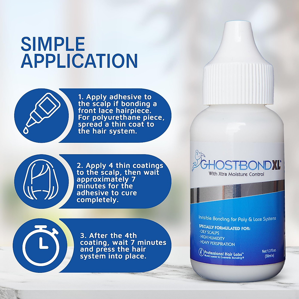 GHOSTBOND XL Hair Replacement Adhesive 1.3oz- Invisible Wig Bonding Glue: Water & Oil-Resistant, Non-Toxic, Light Hold for Secure and Natural-Looking Poly and Lace Hairpiece, Wigs & Toupee Systems