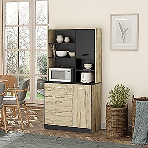 HOMCOM 67" Freestanding Buffet with Hutch, Kitchen Pantry Storage Cabinet with 3 Drawers, Cable Management, 4 Cubes, 2 Cabinets, Oak