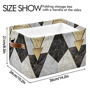 Modern Marbling Gold Black White Marble Geometric Triangle Granite 1 PC Rectangle Storage Basket Collapsible Fabric with Leather Handles Bag Organizer Clothes for Home Bedroom 15 x 11 x 9.5 in