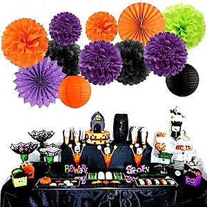 Black Purple Orange-Green Halloween Party-Decorations - 20pcs Paper Lanterns Fans,Tissue Pom Poms,Honeycomb Balls,Hotel Transylvania Hocus Pocus Birthday Baby Bridal Shower Wedding Decor Burgleda