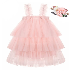 Baby Girls Toddler Tulle Tutu Dress Party Tutus Dresses with Headband Sleeveless Sundress 12 Months Blush Pink