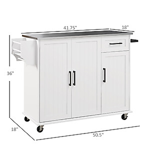 HOMCOM Kitchen Island with Storage, Rolling Kitchen Island on Wheels with Drawer, 3 Cabinets, Stainless Steel Countertop, Spice Rack and Towel Rack, White