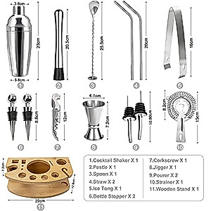 Cocktail Shaker Set Bartender Kit 13 Piece, Cocktail Kit Bar Set, Shaker Cocktail Kit with Bamboo Stand, Mixing Spoon, Muddler, Bottle Stoppers, Liquor Pourers, Strainer