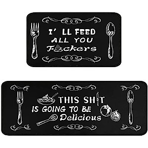Faptoena Black Kitchen Rugs and Mats Sets of 2, Funny Kitchen Decoration Rubber Backing Non-Slip Absorbent Mats for Sink Waterproof Runner Rug for Laundry Room 17x30+17x48inch