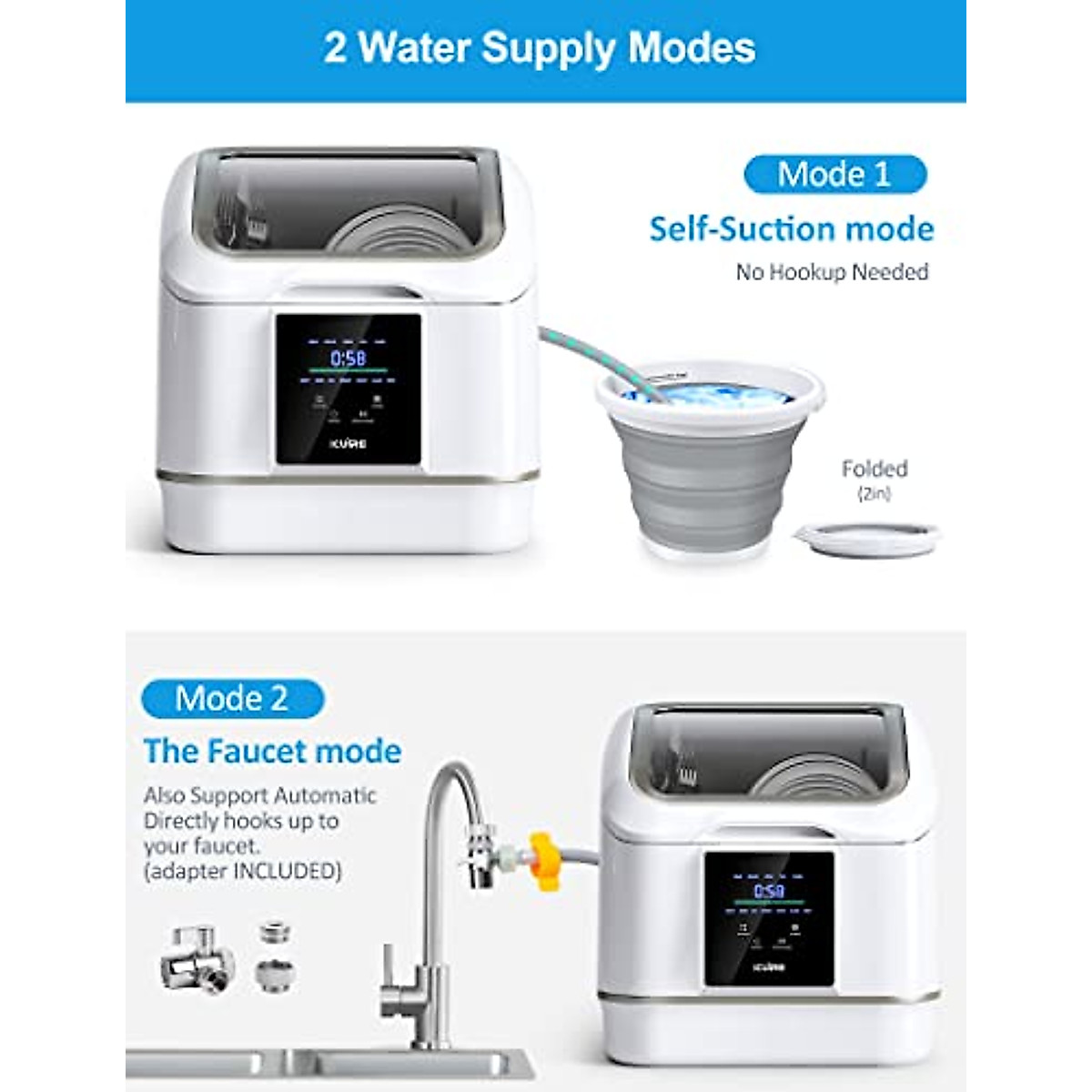 ICUIRE Portable Dishwasher Countertop, No Hookup Needed, 7 Programs, PTC Air-Dry, Anti-Leakage, Fruit & Vegetable Soaking, Mini Dishwasher for Apartments, Dorms and RVs