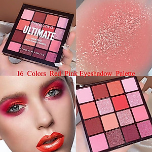 Pink Red Eyeshadow Palette, 16 Colors Pink Matte Glitter Metallic Eye Shadow Pallet, Korean Eyeshadow Palette Makeup, Pigmented Red Eyeshadow Kit for Halloween Parties Joker Vampire Clown Makeup