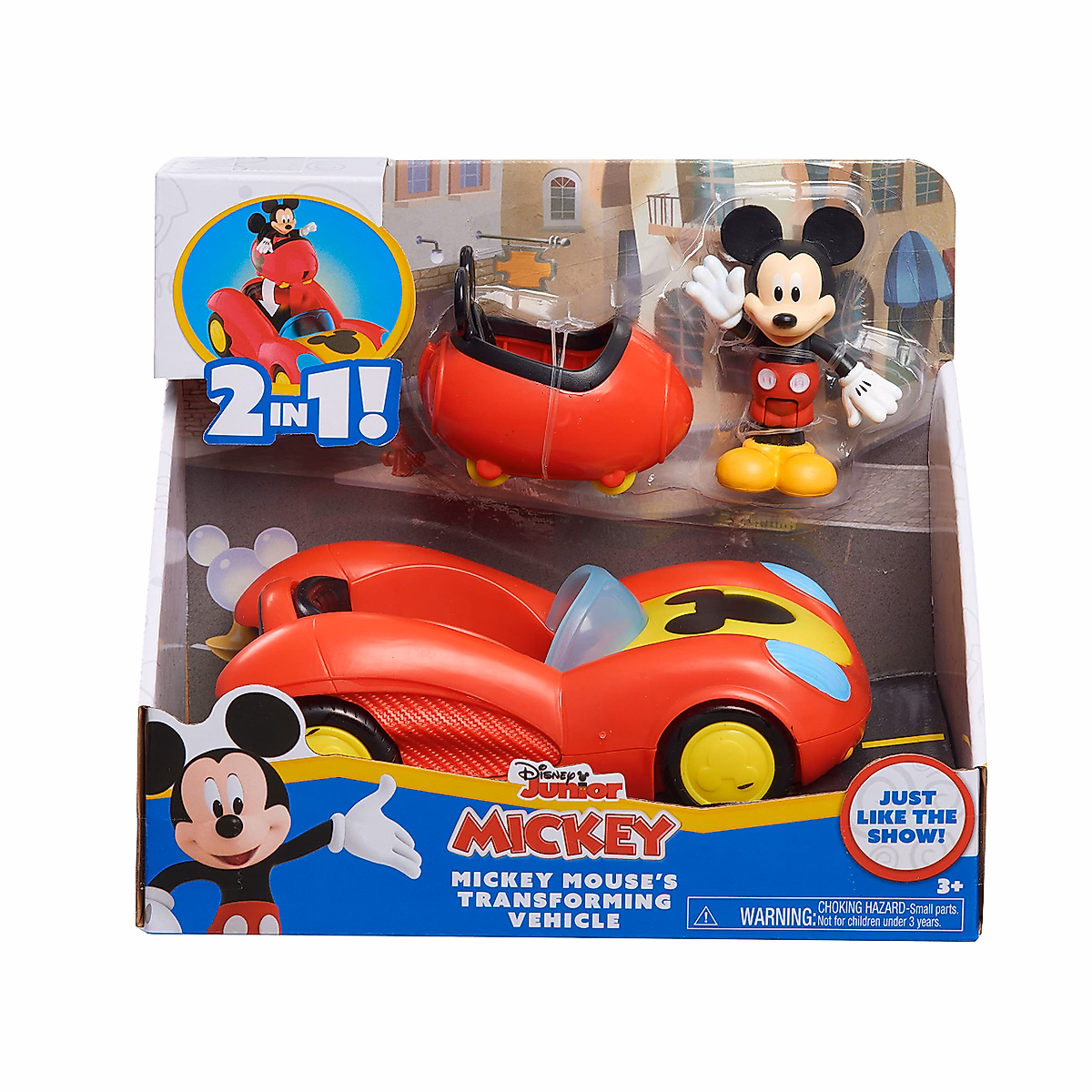 Disney Junior Mickey Mouse Funhouse Transforming Vehicle, Mickey Mouse, Red Toy Car, Preschool, Officially Licensed Kids Toys for Ages 3 Up by Just Play