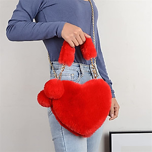 Soft Warm Faux Fur Handbag Fuzzy Crossbody Bag Heart Shape Soft Plush Purse for Winter Women Wallets (Red)