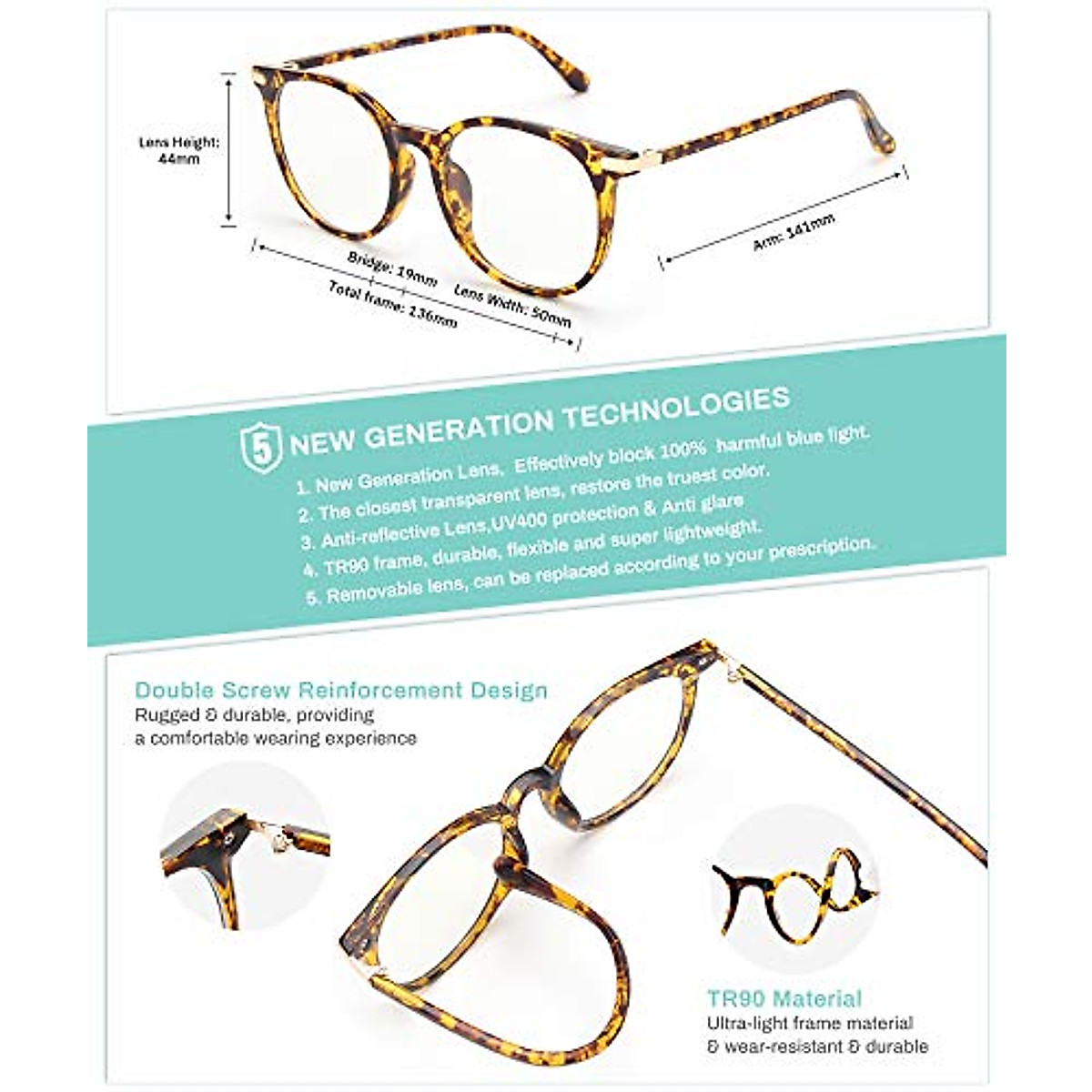 Gaoye Blue Light Blocking Glasses, Retro Round Eyewear Frame Anti Eyestrain Computer Glasses for Women Men - GY1688 (Tea Leopard/Transparent Lens)