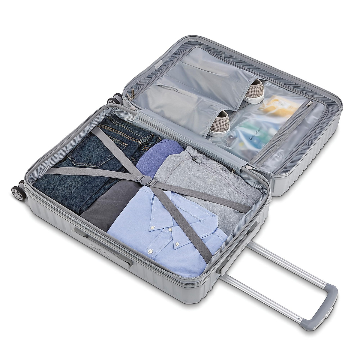 American Tourister Color Spin 2 Piece Carry-On Luggage Suitcases with Wheels, Adjustable Handle, and Elastic Cross Straps, Silver