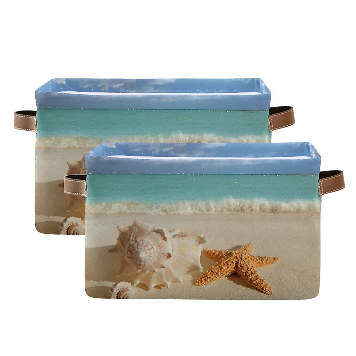 ALAZA Sea Shells Starfish Sand Turquoise Foldable Storage Box Storage Basket Organizer Bins with Handles for Shelf Closet Living Room Bedroom Home Office 1 Pack