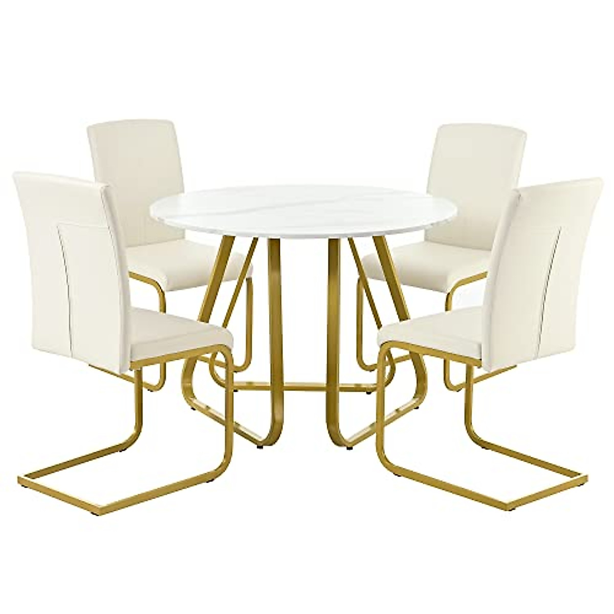 TARTOP 5-Piece Round Dining Furniture Set with Faux Marble Table and Four Chairs with Metal Legs for Kitchen, and Living Room, 5Pcs, White
