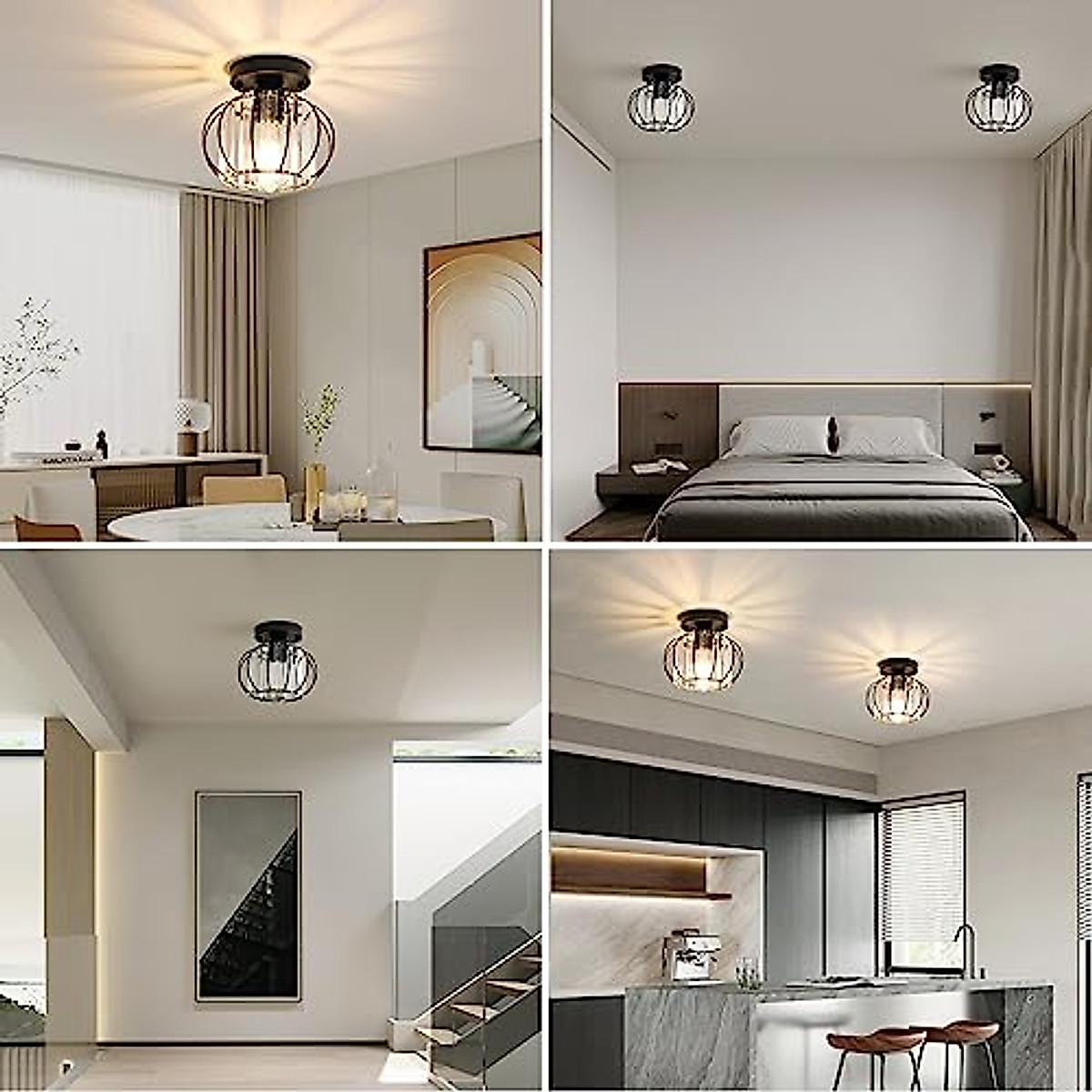 IBBIBABO 2-Pack Industrial Semi Flush Mount Ceiling Light Fixtures, Black Modern Crystal Ceiling Lights, Farmhouse Ceiling Lamps for Bedroom Living Room Hallway Entryway Kitchen Bathroom, E26 Socket
