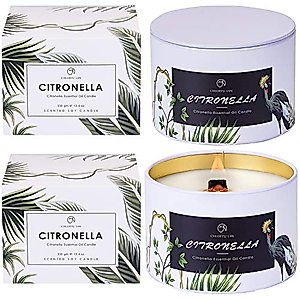 CHLOEFU LAN Citronella Candles Outdoor and Indoor 12.4 Oz Large Scented Candles with Pure Lemongrass Essential Oil and Natural Soy Wax for Garden Patio Yard Home Balcony, Wood Wicked Candles 2 Pack