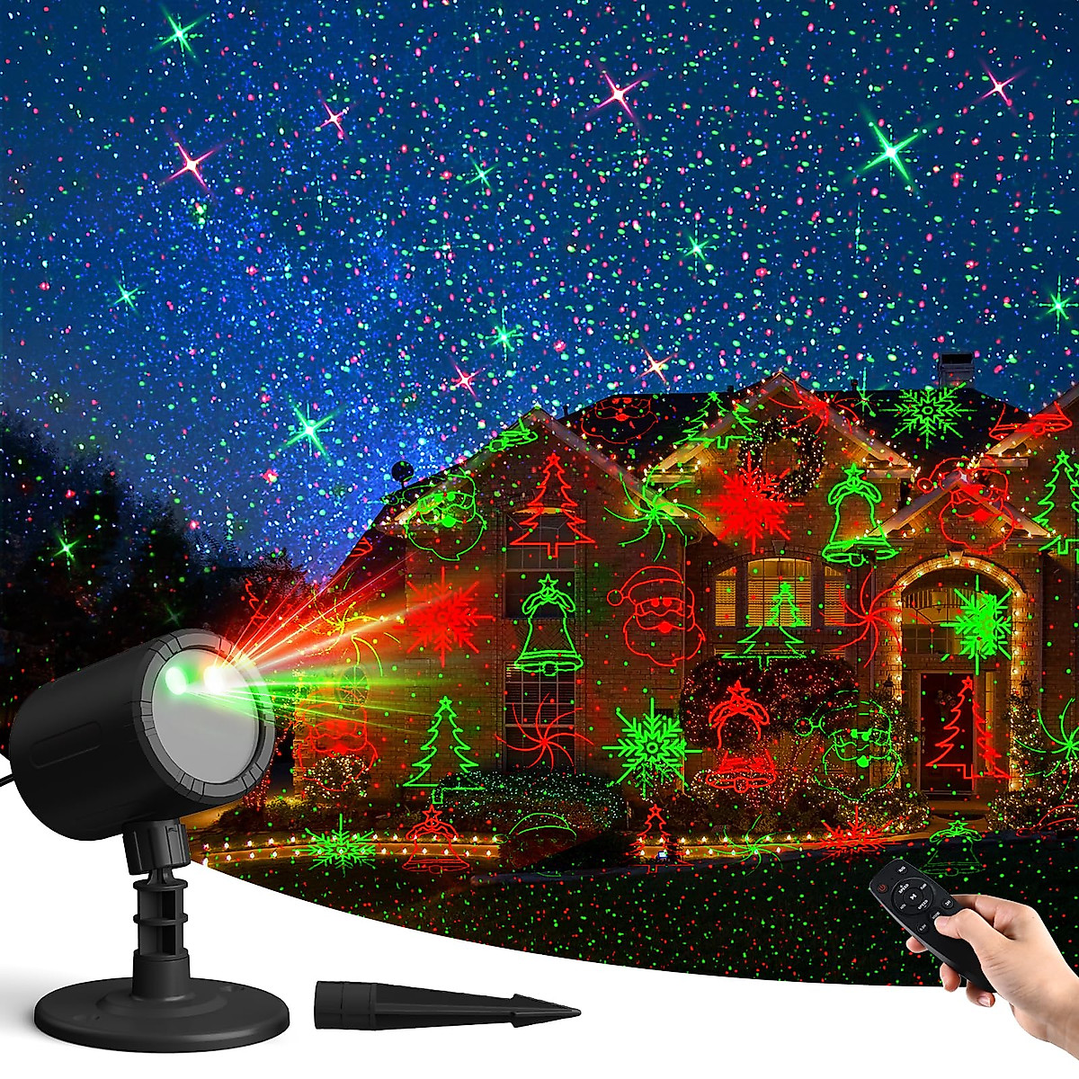 Christmas Projector Light, Red & Green Christmas Patterns Projection Light with RF Control, IP65 Waterproof Holiday Decoration Projector Lights for Halloween, Xmas, Home, Garden, New Year