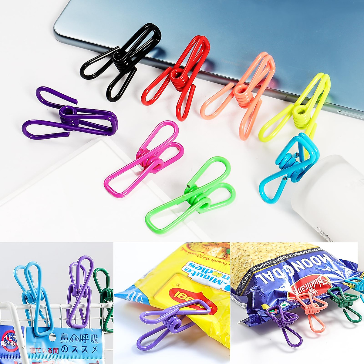 30 Pcs Chip Clips, Multi-Colored PVC Coated High Elastic Strength Clips for Food Package, Clothes Pins and Bag Clip,2 Inch