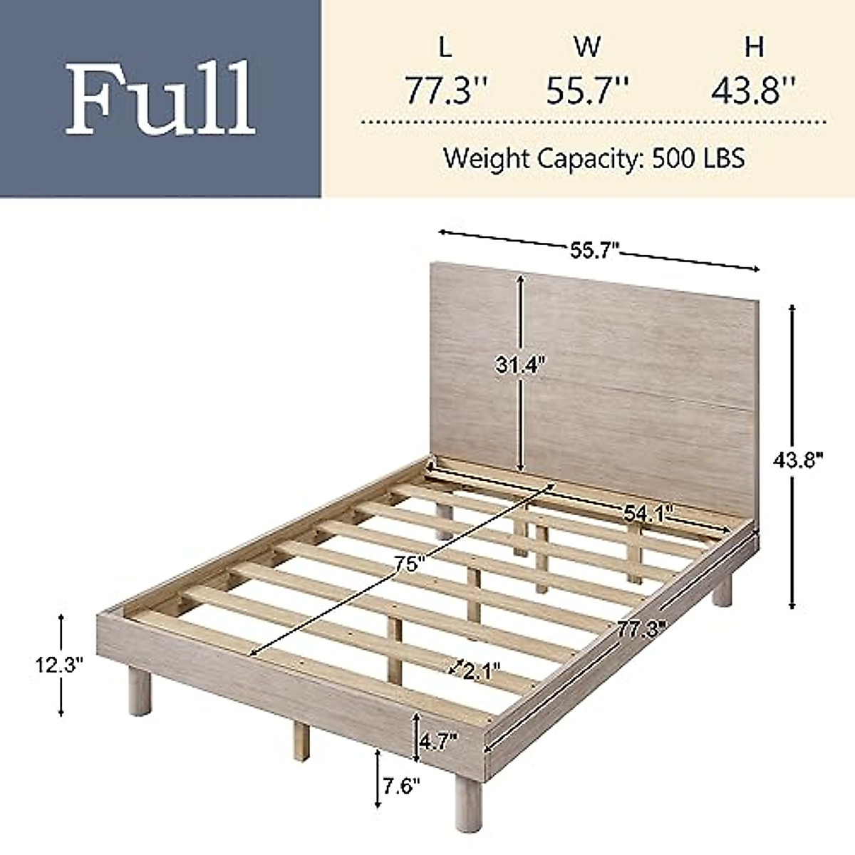 Full Size Wooden Platform Bed Frames with Solid Wood Grain Headboard, Modern Concise Style Platform Bed with No Box Spring Needed for Bedroom Boys Girls, Under Bed Storage, Gray (Full)