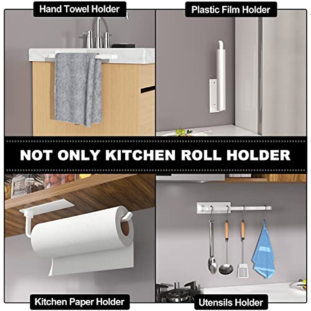 Paper Towel Holder - Self-Adhesive or Drilling, White Wall Mounted Paper Towel Rack Under Cabinet for Kitchen, Upgraded Aluminum Kitchen Roll Holder - Lighter but Stronger Than Stainless Steel!