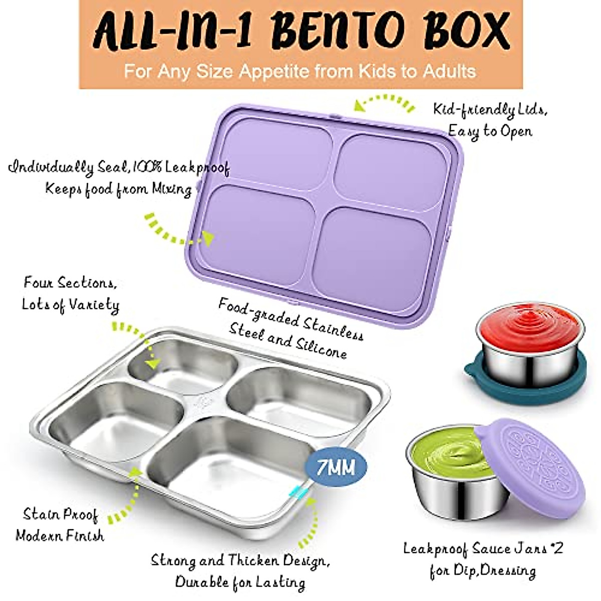 Bento Lunch Box Stainless Steel Lunch Container for Kids,Reusable 4 Compartments Metal Lunch Boxes Leakproof Food Meal Prep Lunch Containers for Kids,2P Dip Containers,Dishwasher,Freezer Safe,BPA-Free