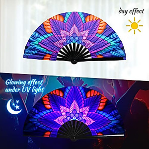 SYNTECSO Folding Hand Fan for Rave, UV Glow Fan, Large Bamboo Fan for Drag Queene, Women and Men Gift，Chinese Japanese Clack Fan for Parties, Music Festivals, EDM and Decoration