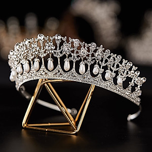 SWEETV Princess Diana Tiara for Women, Silver Pearl Wedding Crown for Bride, Rhinestone Costume Accessories for Birthday Party Prom