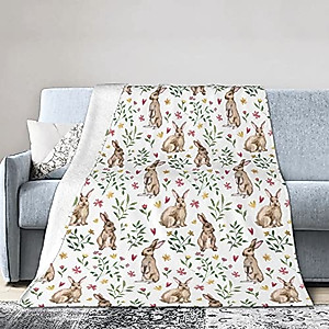 Rabbits and Flowers Throw Blanket Warm Cozy Lightweight Blankets Soft Easter Bunny Flannel Blanket for Sofa Couch Bed Office Holiday Decorative 80"X60"