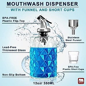 GMISUN Glass Mouthwash Dispenser, Luxury Diamond Mouthwash Decanter for Bathroom, 2 Pack Refillable Mouthwash Bottles Container with Cups, Reusable Stainless Steel Funnel, Food Grade & No-Splash,12oz
