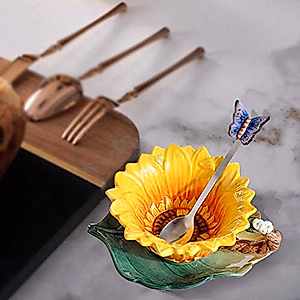Ceramic Tea Cup with Saucer Matching Spoon Set,Sunflower Enamel Porcelain Mugs Ceramic Coffee Cup Home Decor Porcelain Butterfly Spoon