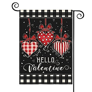 AVOIN colorlife Love Heart Hello Valentine Garden Flag 12x18 Inch Outside Double Sided, Valentine's Day Buffalo Plaid Rustic Yard Outdoor Decoration