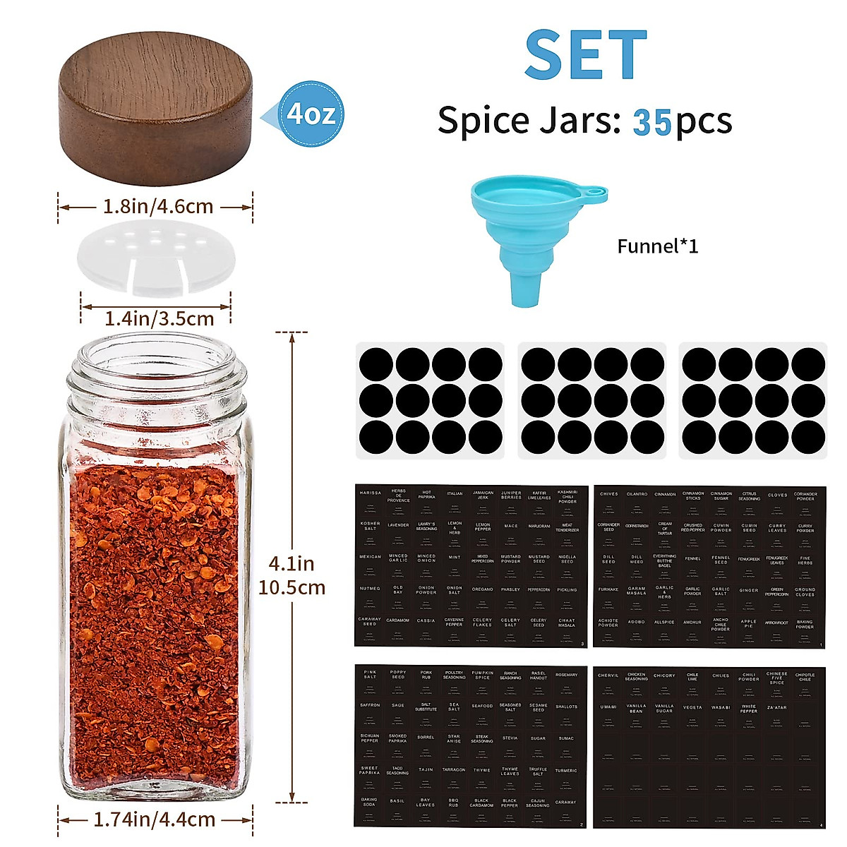Yangbaga 35Pcs Glass Spice Jars with Labels，4oz Empty Square Spice Bottles with acacia wood lid & Shaker Lids and Silicone Collapsible Funnel Included