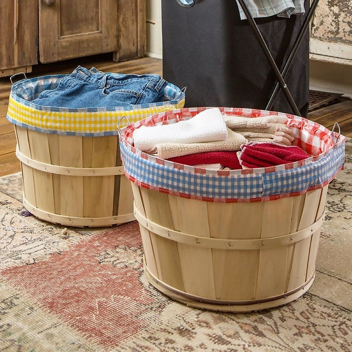 Sarah Kauffman Bushel Basket Liner - Reusable Handmade Vinyl Protector Wipes Clean for Laundry or Any Home Decor, Red/Blue