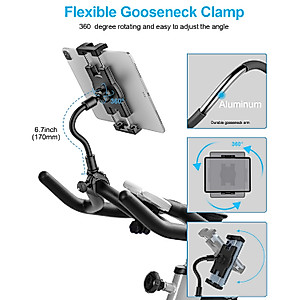 woleyi Gooseneck Spin Bike Tablet Mount, Elliptical Treadmill Tablet Holder, Indoor Peloton Stationary Exercise Bicycle Tablet Clamp for iPad Pro 12.9/Air/Mini, Galaxy Tabs, 4-13" CellPhone or Tablets
