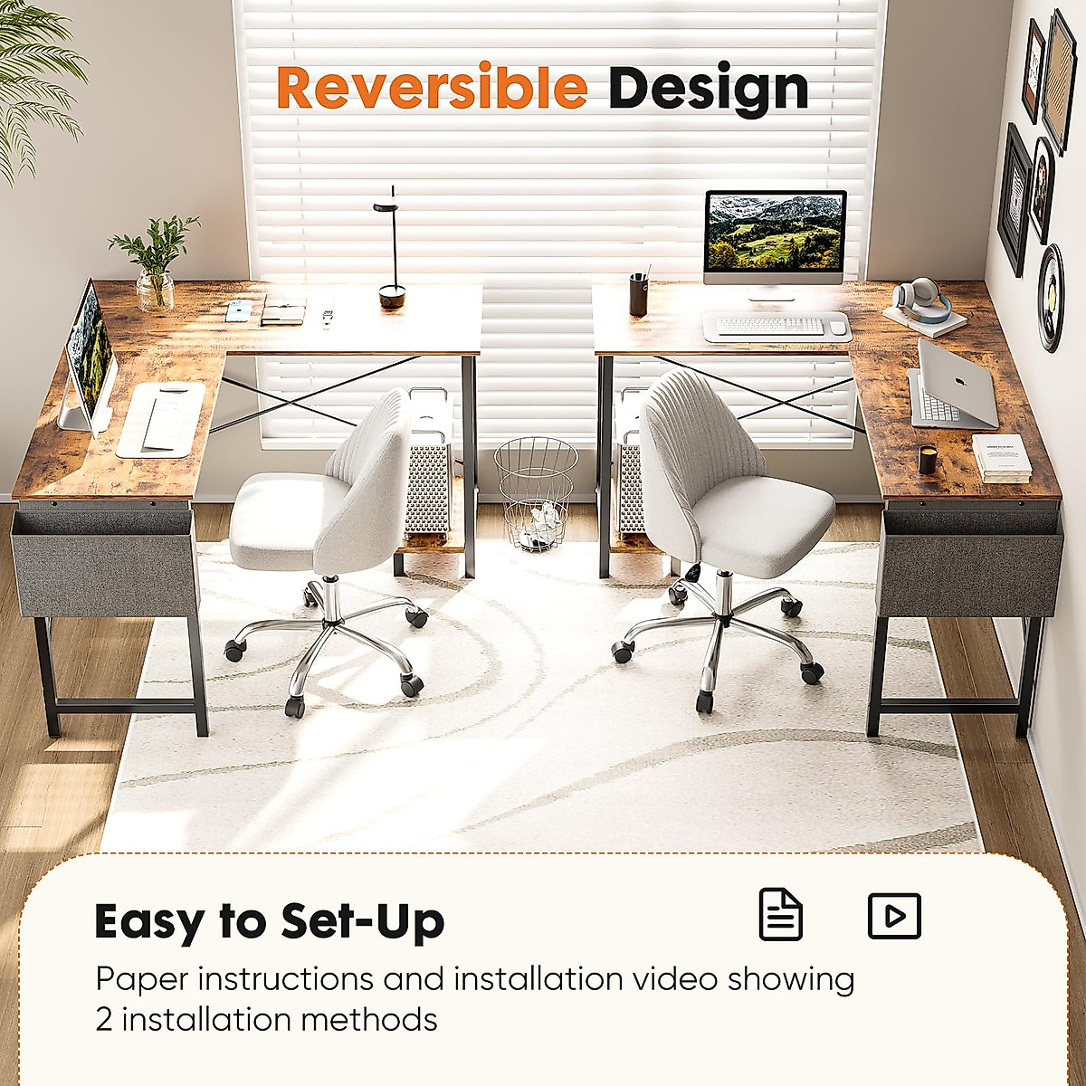 Sweetcrispy L Shaped Computer Desk - Gaming Table Corner Desk 50 Inch PC Writing Desk Study Desks with Wooden Desktop CPU Stand Side Bag Reversible for Home Office Dorm Small Space, Rustic