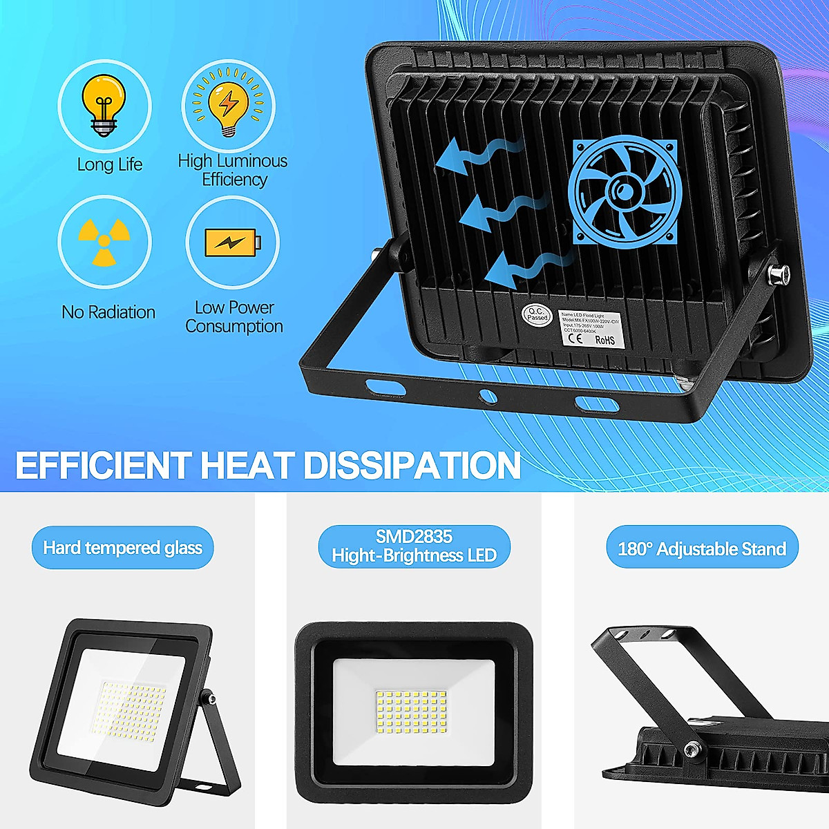 CTWUYOU LED Flood Light 100W Cold White 6500K Work Light,IP68 Waterproof Outdoor Spotlight,Suitable for Safety Lights for Gardens, Courtyards, Garages, Lawns