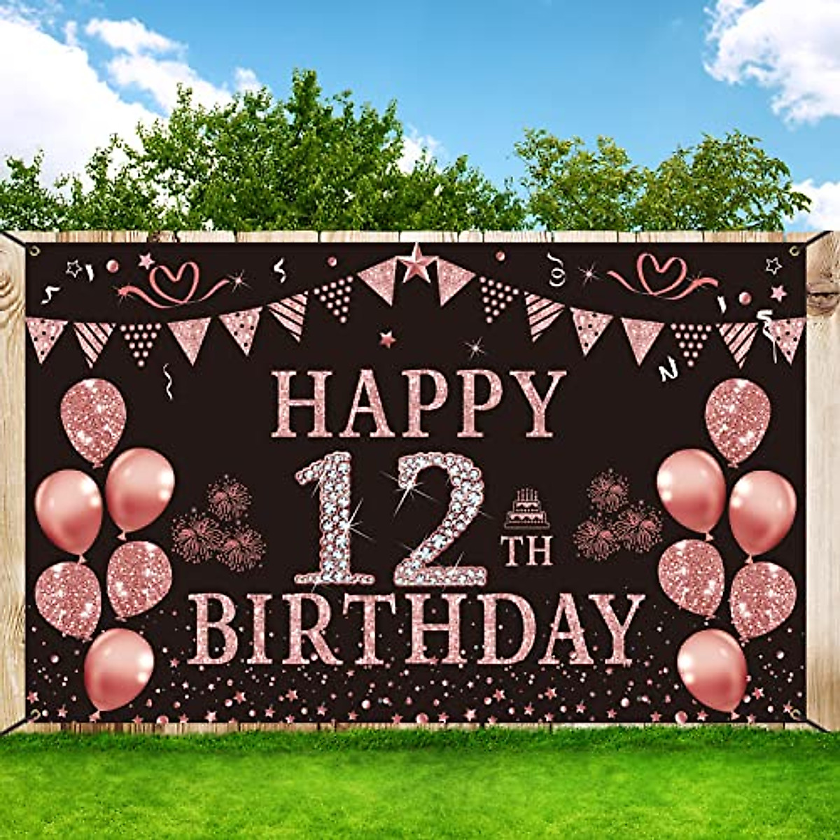 Trgowaul Happy 12th Birthday Decorations for Girls - Pink Rose Gold 12 Birthday Backdrop Banner，Twelve Years Old Birthday Party Supply Photography Background Birthday Sign Poster Decor Gift Daughter