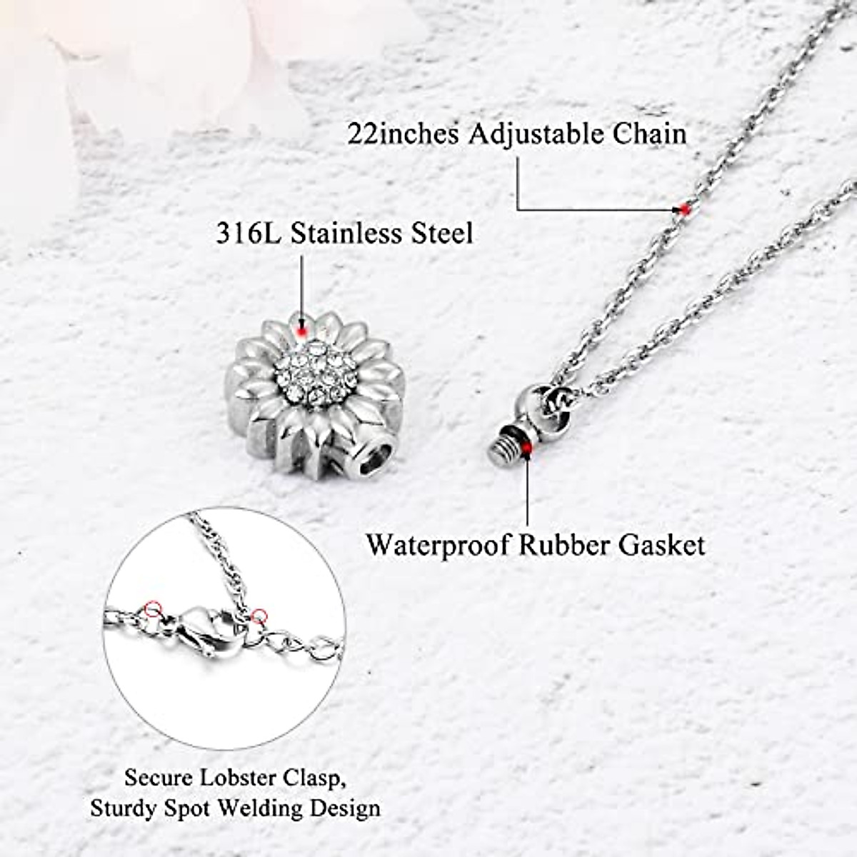 XIUDA Sunflower Cremation Urn Necklace for Ashes Keepsake Cremation Jewelry for Human Ashes Stainless Steel Ashes Holder with Flower