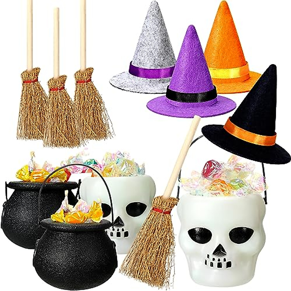 12 Pcs Halloween Mini Witch Hats Candy Cauldron Mini Broom Witch Craft Miniatures Wizard Accessory for Halloween Decorations (Novel Style)