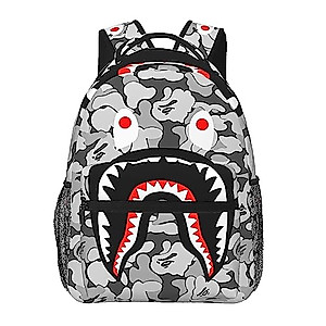 AIRPO Fashion Shark Camo Backpacks Blue Camo Large Capacity Laptop Daypack Lightweight Backpack Casual Travel Travel Hiking Bag For Women Men
