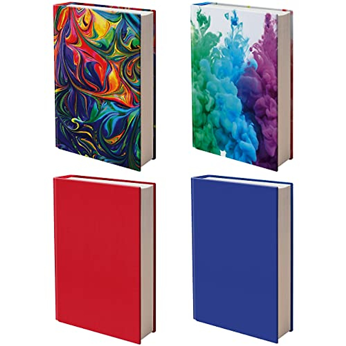 Easy Apply Stretchable Book Cover 4 Pack. 2 Solid and 2 Design Standard Jackets Fit Hardcover Textbooks Up to 8" x 10". Adhesive-Free, Nylon Fabric Protectors. Washable, Reusable Student School Supply