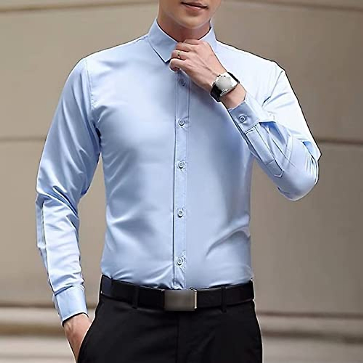 Men's Lightweight Casual Classic Dress Shirt Regular Fit Button Down Shirts Solid Wrinkle Free Long Sleeve Shirts (Light Blue,Large)
