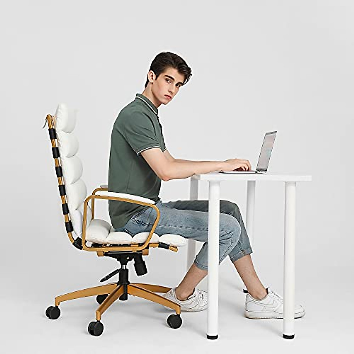 LUXMOD Deluxe Gold Office Chair, High Back Desk Chair for Extra Back and Lumbar Support, White Executive Chair, Ribbed Office Chair with Leather, Ergonomic White and Gold Leather Desk Chair