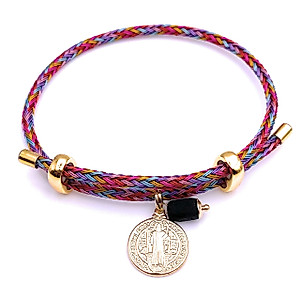 LESLIE BOULES 18K Gold Plated Saint Benedict Colored String Bracelet Charm Genuine Azabache Stone
