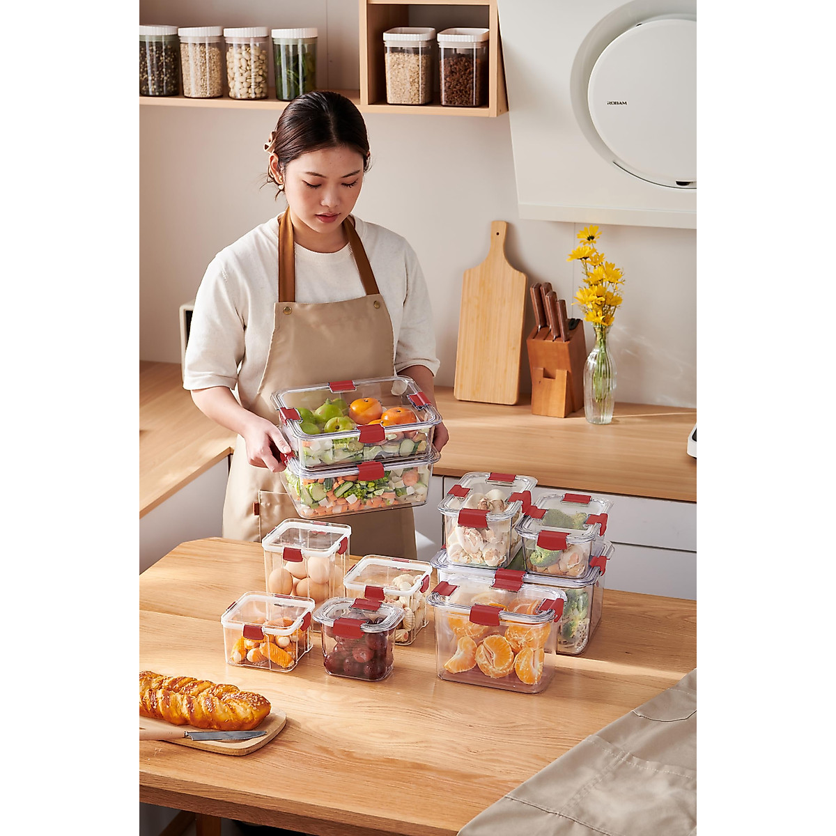 MSM Products Crystal Clear Transparent Food Storage Containers, BPA-Free, Glass Clear Plastic, 12 pieces set (6 lids and 6 containers). Total set capacity 10 LITERS. RED color 4 sides clip lock.